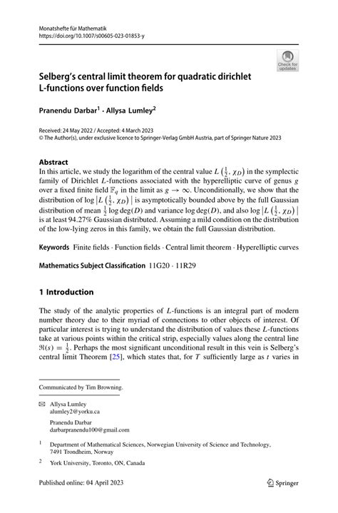 Pdf Selbergs Central Limit Theorem For Quadratic Dirichlet L Functions Over Function Fields