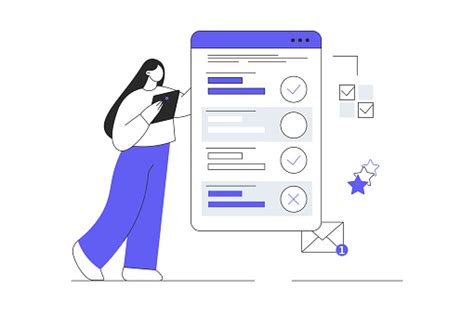 온라인 설문조사 개념입니다 여성 캐릭터는 웹 페이지의 설문지 또는 퀴즈에 십자가 또는 체크를 넣습니다 평면 만화 벡터 일러스트 레이 션 아이콘 스타일리시한 추상 양식 문서에