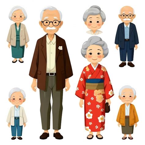 Japanese Grandpa And Grandma Vector Set White Background Isolated