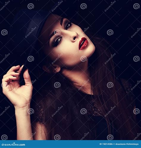 Beautiful Seductive Bright Makeup Lady With Red Hot Lips Posing Stock