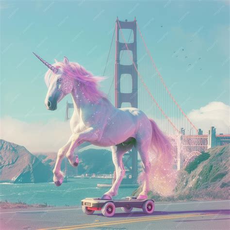 Dreamy Unicorn Riding A Hoverboard By The Golden Gate Premium Ai