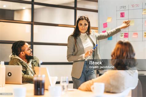 스크럼 마스터는 회의 중에 효과적인 프로젝트 관리를 위해 비즈니스 팀을 참여시킵니다 프로젝트 관리에 대한 스톡 사진 및 기타 이미지 프로젝트 관리 브레인스토밍 모임
