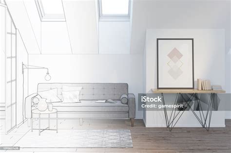 스케치는 사이드 보드에 수직 포스터와 책 베개가있는 회색 소파 음료가있는 커피 테이블 파티션 나무 바닥에 카펫 두 개의 채광창이