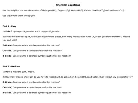 Balancing Chemical Equations Molymod Activity Teaching Resources
