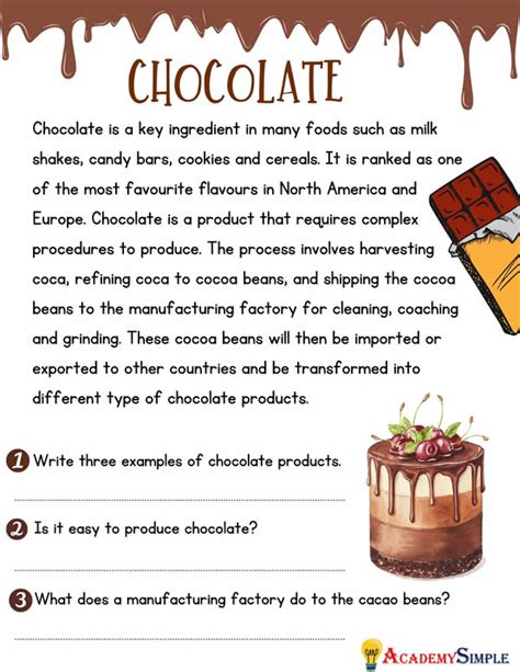 English Reading Skills Reading Comprehension Worksheet Chocolate
