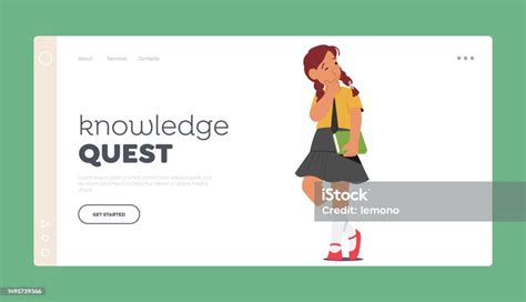 지식 퀘스트 랜딩 페이지 템플릿입니다 잠겨 있는 학생 아이 캐릭터 사려 깊은 포즈를 취한 여고생 턱에 손 갈색 머리에 대한 스톡 벡터 아트 및 기타 이미지 Istock