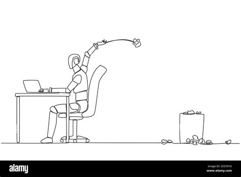 Single Continuous Line Drawing Robot Typing At Work Desk Throwing Wads