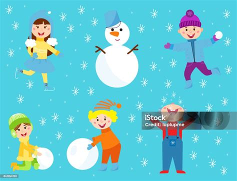 재생 겨울 게임 어린이 눈덩이 크리스마스 아이 만화 새 해 휴일 벡터 캐릭터 일러스트 레이 션 12월에 대한 스톡 벡터 아트 및 기타 이미지 Istock