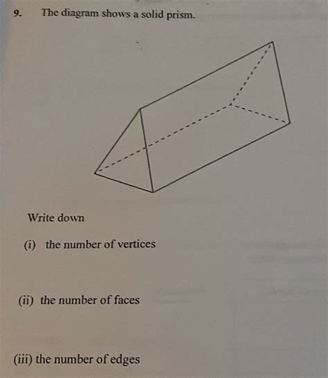 Solved 9 The Diagram Shows A Solid Prism Write Down I The Number Of Vertices Ii The Numb