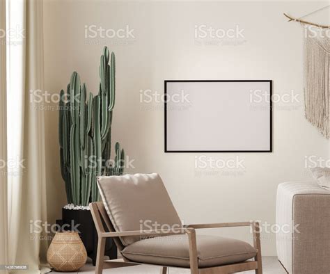 베이지색 벽 안락의자 선인장이 있는 보호 내부 배경의 그림 가로 프레임 3d 렌더링 그림 0명에 대한 스톡 사진 및 기타 이미지 Istock