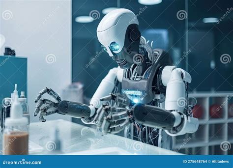 Robot Scientist Holding Dna Spiral Robotic Researcher Making Experiment In Lab Dna Testing