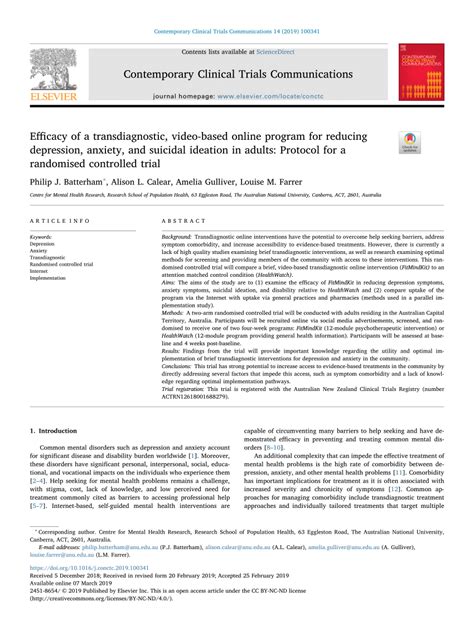 Pdf Efficacy Of A Transdiagnostic Video Based Online Program For Reducing Depression Anxiety