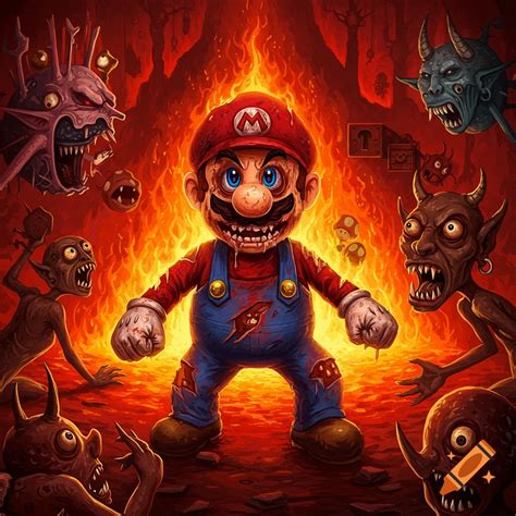 Creepy Demonic Mario In Hell Surrounded By Grotesque Demons And Fire