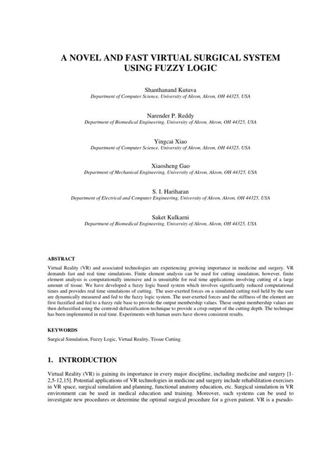 Pdf A Novel And Fast Virtual Surgical System Using Fuzzy Logic