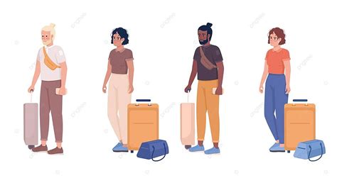 Set Of Semiflat Color Vector Characters Depicting Passengers With Luggage In Queue For Boarding