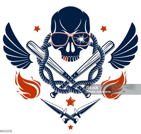 공격적인 두개골 야구 박쥐와 다른 무기와 디자인 요소 벡터 범죄 게토 빈티지 스타일 갱스터 무정부 또는 마피아 테마갱 스터블