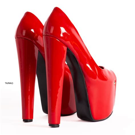 Red Gloss Peep Toe Chunky High Heels Heels Chunky High Heels High Heels