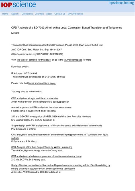 Pdf Cfd Analysis Of Sd 7003 Airfoil At Low Reynolds Number With A Laminar Kinetic Energy Based