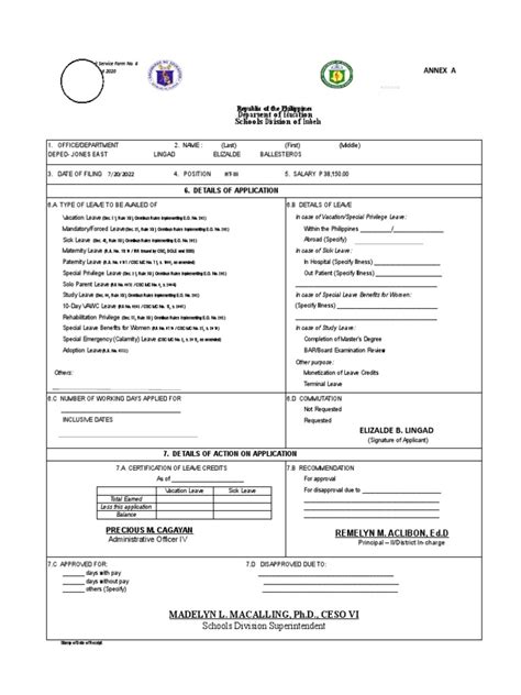 Cs Form No 6 Revised 2020 Application For Leave Secured Pdf