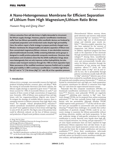 A Nano‐heterogeneous Membrane For Efficient Separation Of Lithium From High Magnesium Lithium