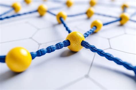 Close Up Of A Yellow And Blue Network Model With Connected Nodes Illustrating Data Flow Digital