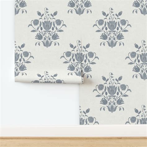 Xl Block Print Floral Medallion Damask Muted Slate Blue On Cream Linen