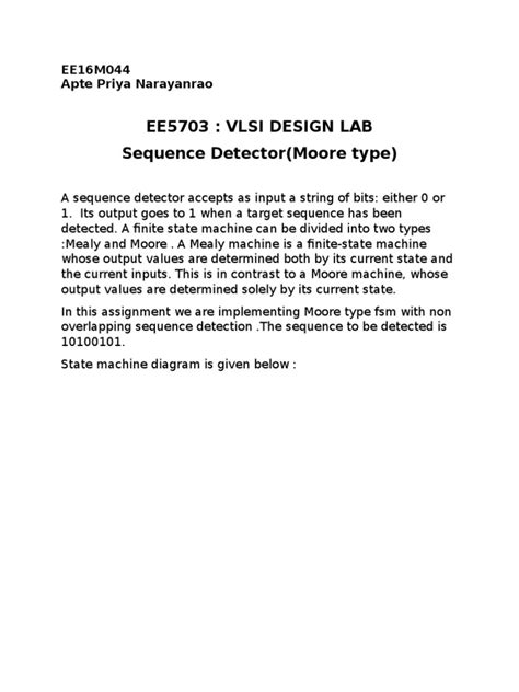 Ee5703 Vlsi Design Lab Sequence Detector Moore Type Ee16m044 Apte