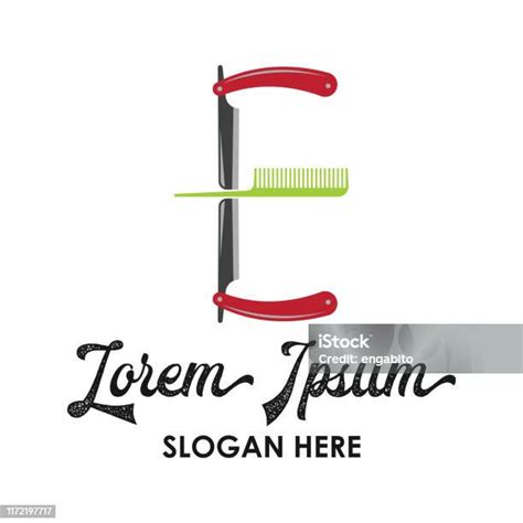 슬로건 태그 라인 벡터 일러스트에 대한 E 알파벳과 텍스트 공간이있는 이발소 아이콘 가위에 대한 스톡 벡터 아트 및 기타 이미지