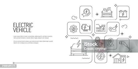 전기 자동차 관련 라인 아트 배너 디자인 지속 가능한 에너지 청정 에너지 배터리 자동차 충전소 공기 오염에 대한 스톡 벡터 아트
