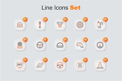 라인 트래픽 콘 기어 시프터 레이싱 스티어링 휠 자동차 터보차저 피트 스톱 속도계 자동차 미러 및 아이콘을 설정합니다 벡터 거울에 대한 스톡 벡터 아트 및 기타 이미지