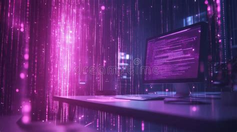 A Computer Monitor Displaying Code Against A Background Of Falling Pink