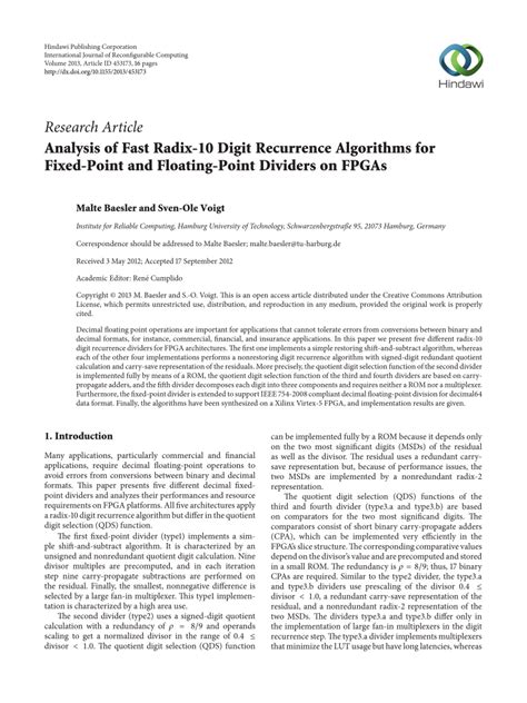 Pdf Analysis Of Fast Radix 10 Digit Recurrence Algorithms For Fixed