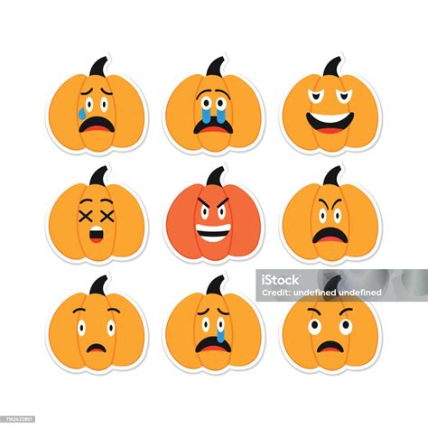 호박 이모티콘 세트입니다 할로윈 화가 슬픈 호박 문자입니다 추수 감사절 수확 플래너 스티커 분노 슬픔 고통 이모티콘 얼굴 응용