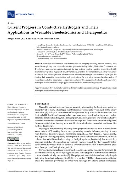 Pdf Current Progress In Conductive Hydrogels And Their Applications