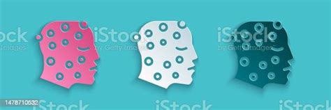 종이 는 파란색 배경에 고립 된 건선 또는 습진 발진 아이콘으로 얼굴을 잘라 알레르겐 또는 만성 신체 문제에 대한 인간의 피부 반응의 개념 종이 아트 스타일 벡터 3차원