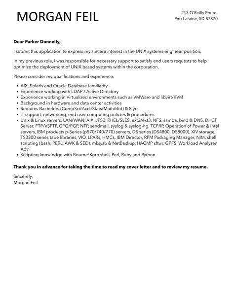 UNIX Systems Engineer Cover Letter Velvet Jobs