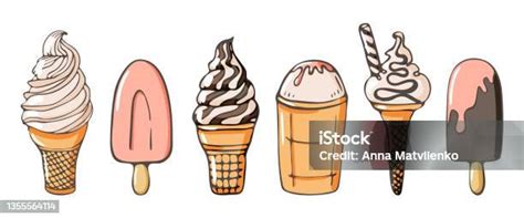 아이스크림 아이콘 벡터 낙서 일러스트레이션 세트 흰색에 고립 된 콘에 선맹과 아이 스캔 맛이 가미된 빙과에 대한 스톡 벡터 아트 및 기타 이미지 맛이 가미된 빙과