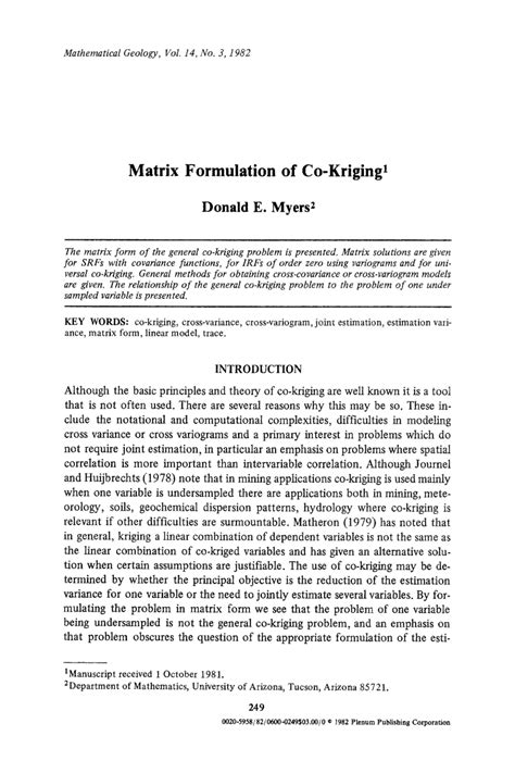 Pdf Matrix Formulation Of Co Kriging