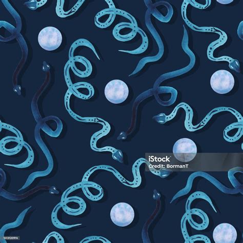 수채화 신비로운 마녀 배경 뱀과 보름달 벡터 원활한 패턴 그래픽 프린트에 대한 스톡 벡터 아트 및 기타 이미지 그래픽 프린트 달 하늘 독성 물질 Istock