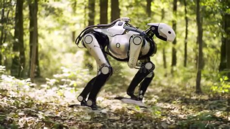 Robot Explores Wooded Area Showcasing Advanced Movement And Design In