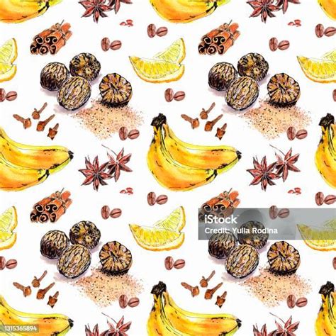 과일과 매끄러운 패턴 바나나 레몬 생강 아니스 민트 수채화 손 그리기 그림 배경 화면 인쇄 또는 배경 디자인 0명에 대한 스톡 벡터 아트 및 기타 이미지 Istock