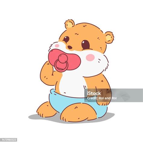 흰색 배경에 격리된 젖꼭지 벡터 만화 캐릭터를 가진 귀여운 아기 햄스터 0명에 대한 스톡 벡터 아트 및 기타 이미지 0명 귀여운 기저귀 Istock