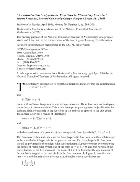 Hyperbolic Functions In Elementary Calculus