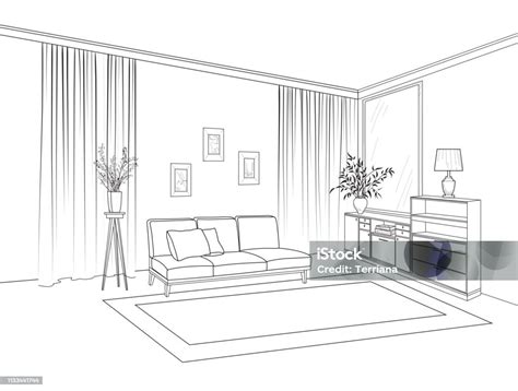 홈 거실 인테리어입니다 소파 선반 테이블 가구의 윤곽 스케치 거실 드로잉 디자인입니다 판화 손 그림 일러스트 거실에 대한 스톡 벡터 아트 및 기타 이미지 Istock