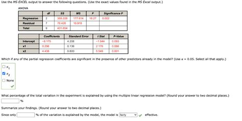 Solved Use The Ms Excel Output To Answer The Following