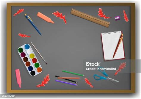 학교 항목 칠판에 3d 현실적인 포스터 디자인 편집 가능한 벡터 일러스트 레이 션 가위에 대한 스톡 벡터 아트 및 기타 이미지 가위 개념 개체 그룹 Istock
