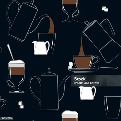 다양 한 음료와 커피 컵입니다 아일랜드 아메리카 노 카푸치노 Coffeepots 숟가락 설탕 투 수입니다 원활한 벡터 배경입니다