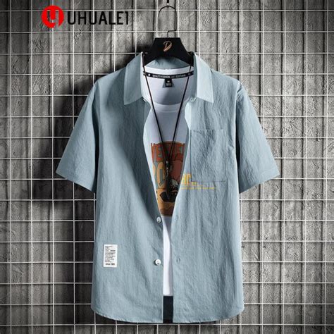 Yuhualei 国潮男装联名衬衫男2022新款夏季薄款潮流男装衬衣夏装上衣服休闲痞帅短袖外套y11 蓝色 S【图片 价格 品牌 评论】 京东