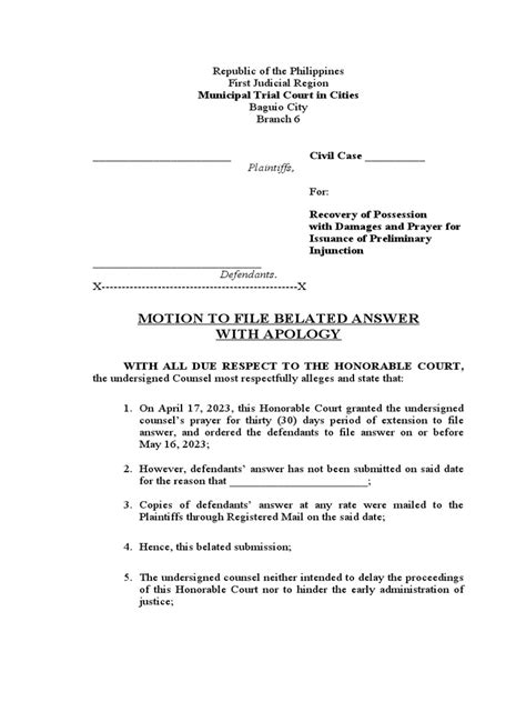 Motion To File Belated Answer Sample Pdf Lawsuit Courts