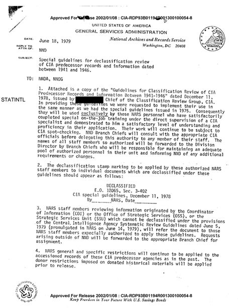 Special Guidelines For Declassification Review Of Cia Predecessor Records And Information Dated